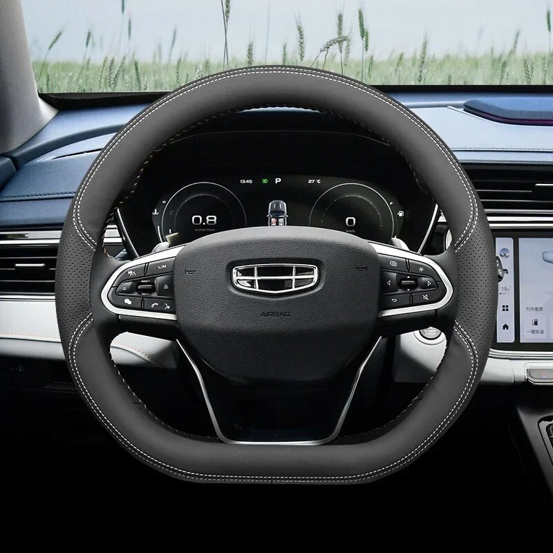 Кожаная оплетка на руль Geely Monjaro Okavango 2020-2024, White Thread