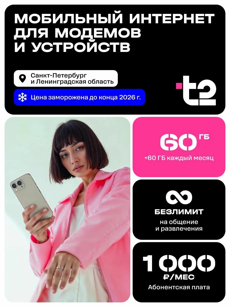 SIM-карта t2. "Интернет для устройств!", Санкт-Петербург и Лен. область. Баланс 1000 руб.