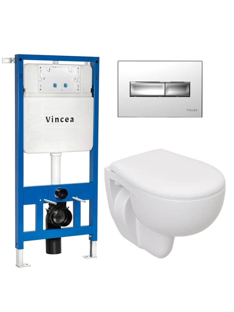 Комплект 4 в 1 Унитаз подвесной Seramiksan Natura A051041H / Сиденье AG50002 / Инсталляция Vincea VIS-601, Кнопка VFP-732CH цвет хром