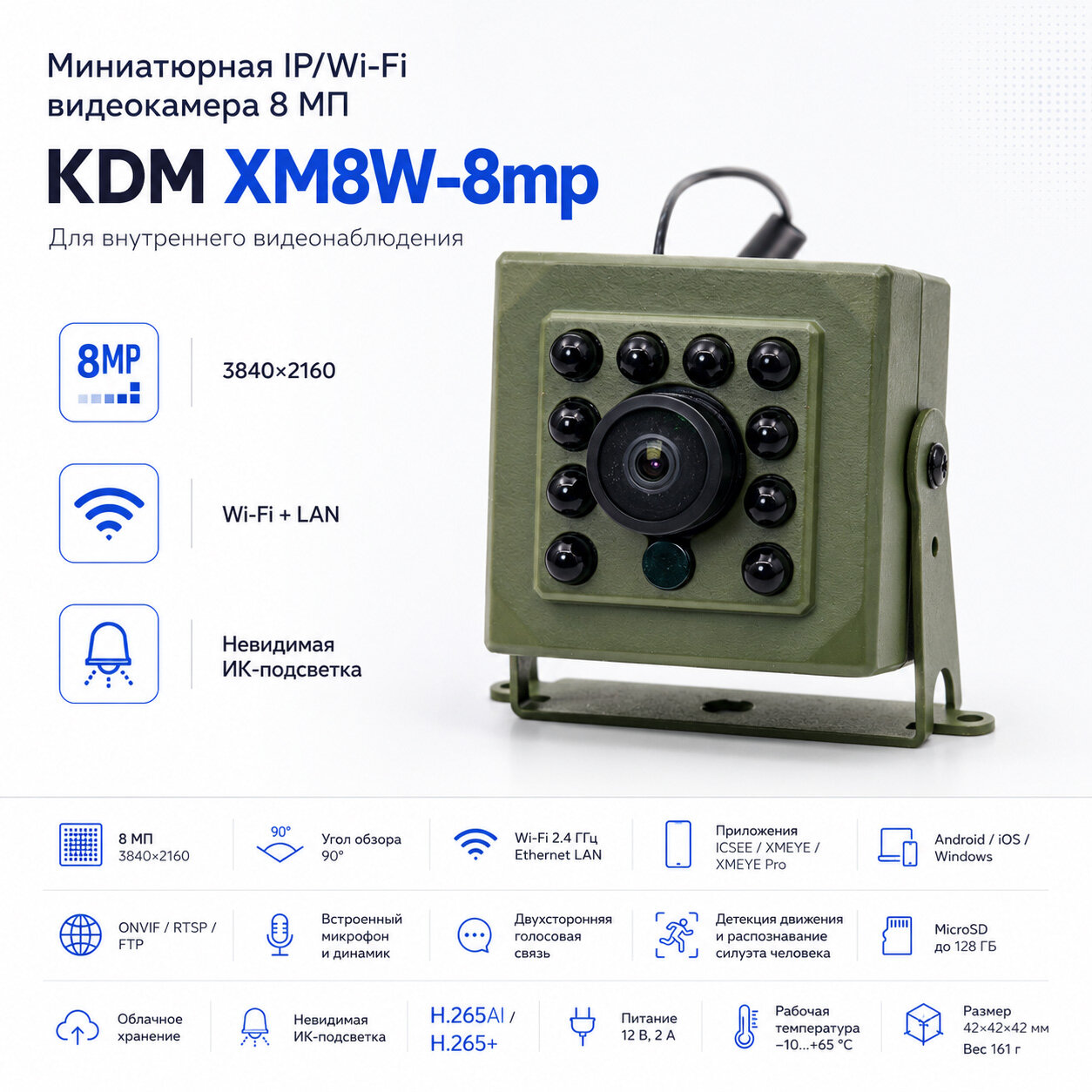 Мини IP/WiFI камера 8mp (3840х2160) КДМ Мод: XM8W-8mp (E2685EU). Невиидимая ИК подсветка, прочный металлический корпус, записью на SD карту по датчик