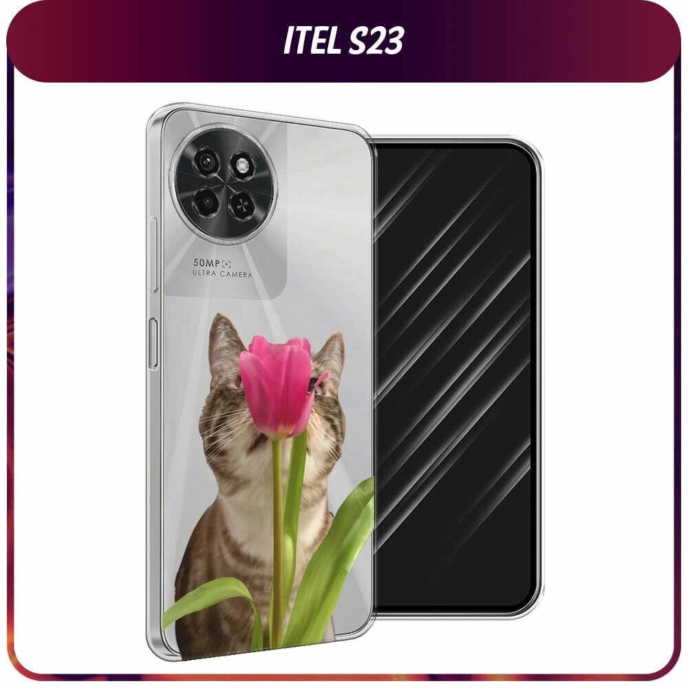 Чехол на Itel S23 / Ител S23 с принтом "Кот с тюльпаном - 8 марта", прозрачный