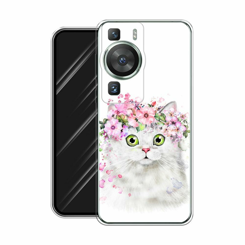 Чехол на Huawei P60/P60 Pro / Хуавей P60/P60 Про с принтом Белая кошка с цветами — фото 1