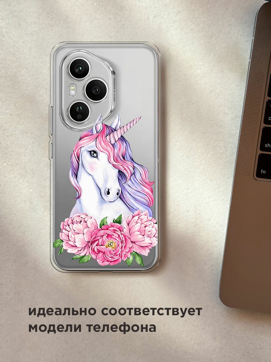 Чехол на Honor 400 Pro / Хонор 400 Про с принтом "Единорог с пионами", прозрачный — фото 1