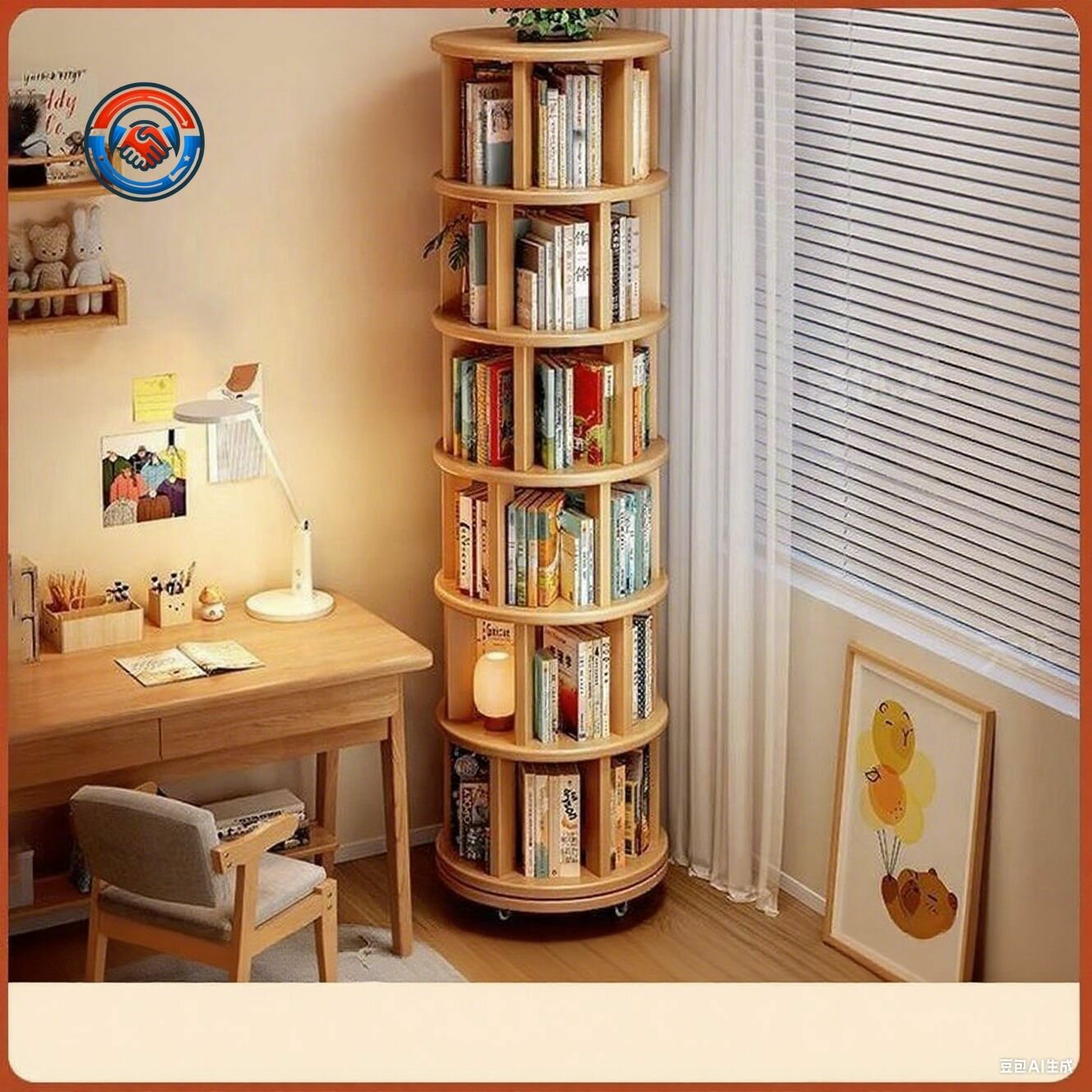 Вращающийся деревянный стеллаж-карусель 360 для книг и декора, компактный угловой стеллаж на колёсиках, свободностоящая полка массив дерева для гостиной, кабинета, офиса