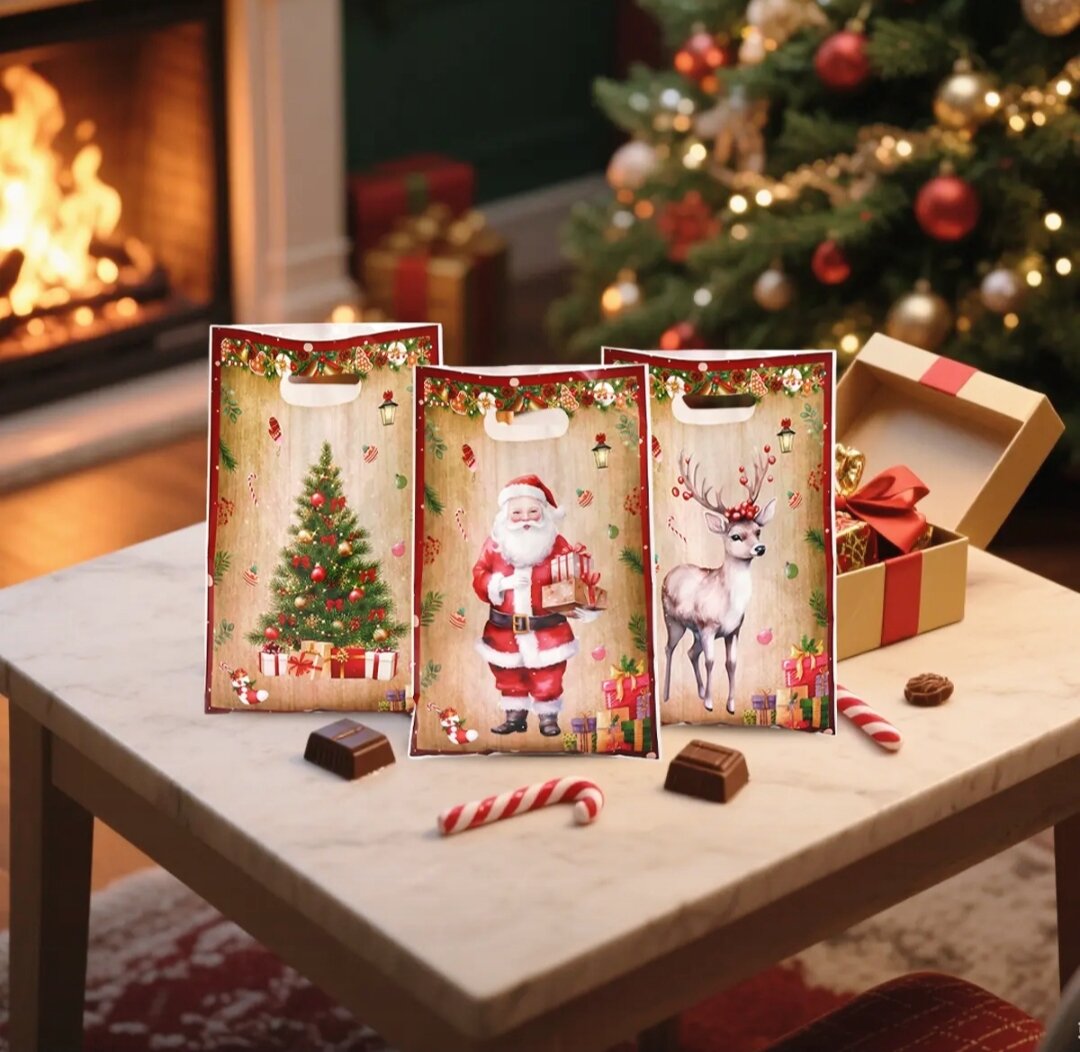 Набор новогодних пакетов «Дед мороз и Ко» с вырубной ручкой, 25х16,5см, полиэтилен, набор 8 штук.