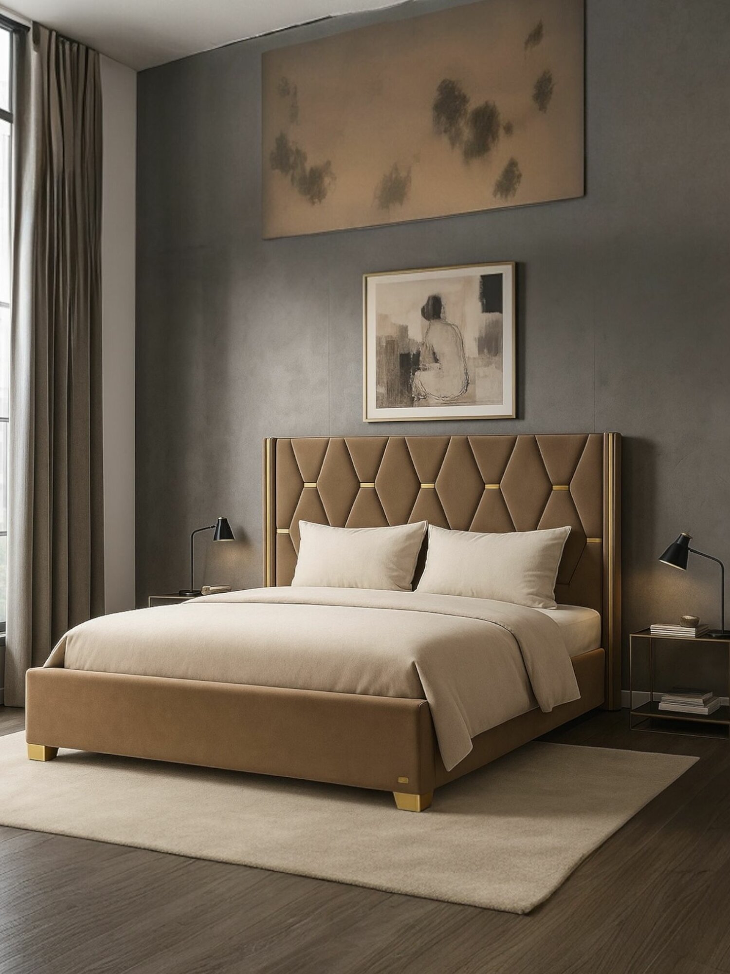 Двуспальная кровать NOTTE Estetica с мягким изголовьем, 160х200 см, неоклассика, натуральный велюр, коричневый, молдинг золото глянец