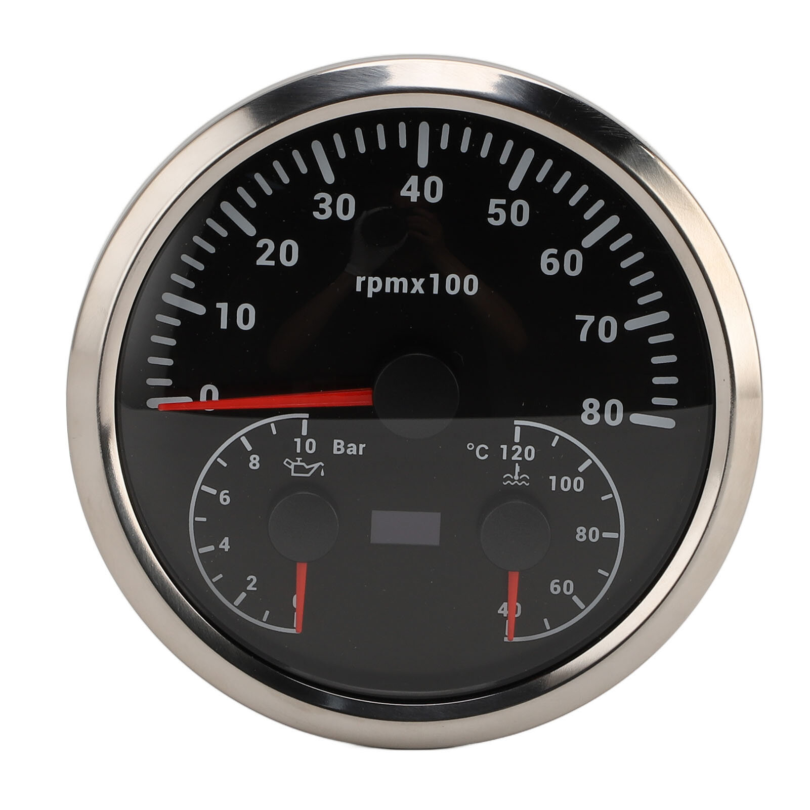 Тахометр 3 в 1, манометр давления масла, датчик температуры воды, 4 3/8 дюйма, 8000 об/мин, диапазон 0–10 бар, 40–120℃, 7 цветов подсветки, для автодомов, яхт, грузовиков, черный циферблат, серебристый безель.