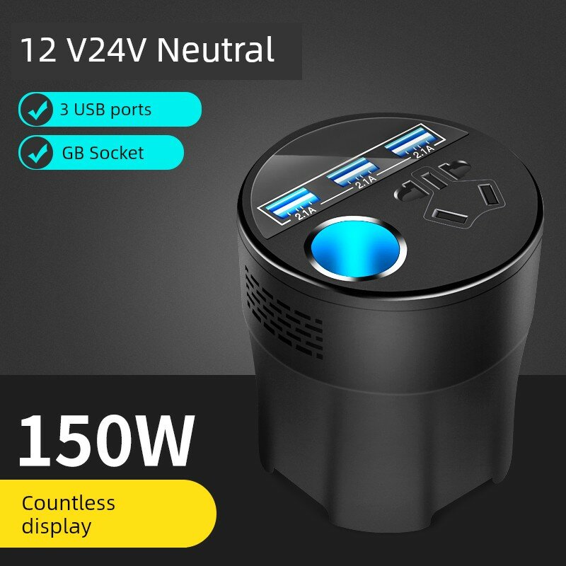 Стандартный автомобильный инвертор 12В/24В в 220В с тремя USB-портами, розеткой для прикуривателя, черный