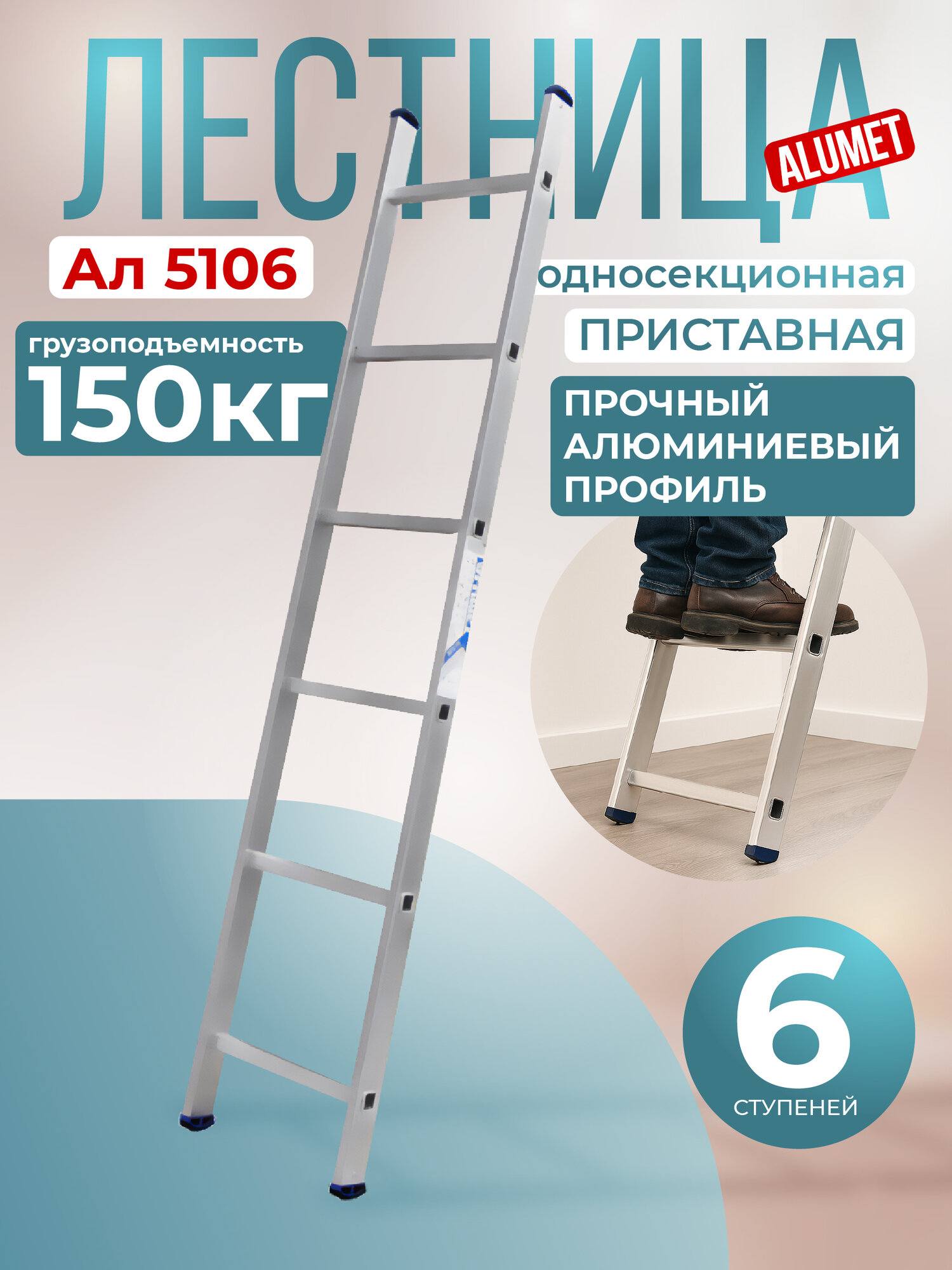 Лестница приставная алюминиевая односекционная Alumet Ал 5106