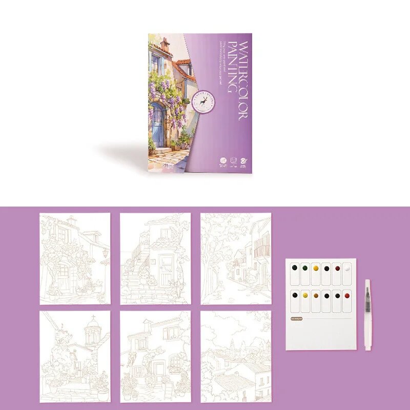 Набор акварельных красок из 6 листов с креативной книгой-раскраской — рисунок для снятия стресса для детей и начинающих