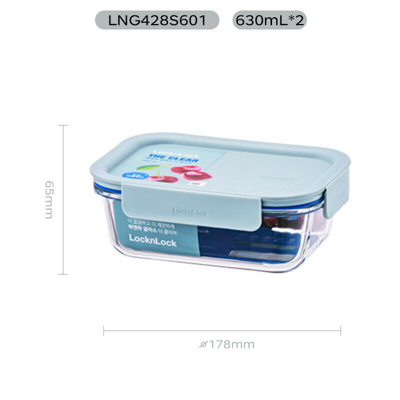 LOCK&LOCK Fresh Glass Food Storage Container Microwave Lunch Box Set of 3 (630ml*2 + lunch bag) LNG428S601 Mint Green