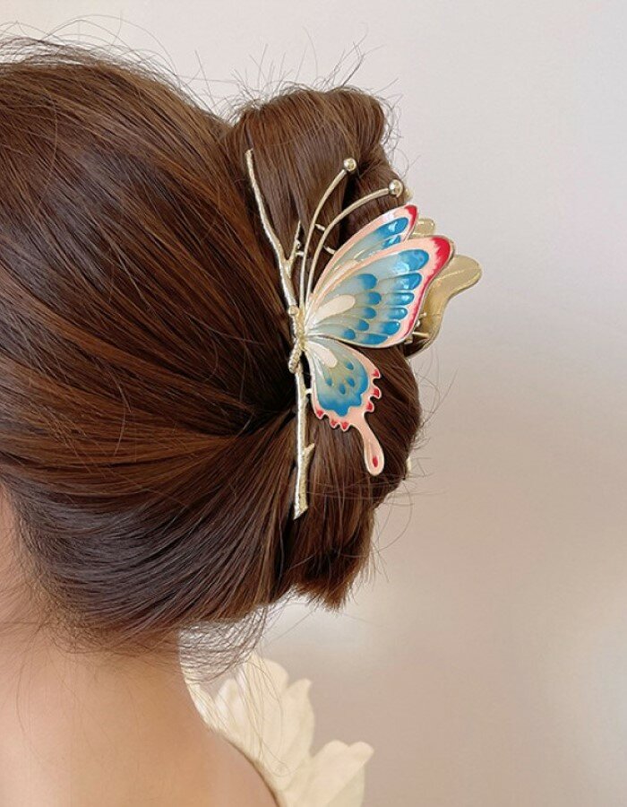 Заколка для волос, крабик в виде бабочки, металлическая, голубая