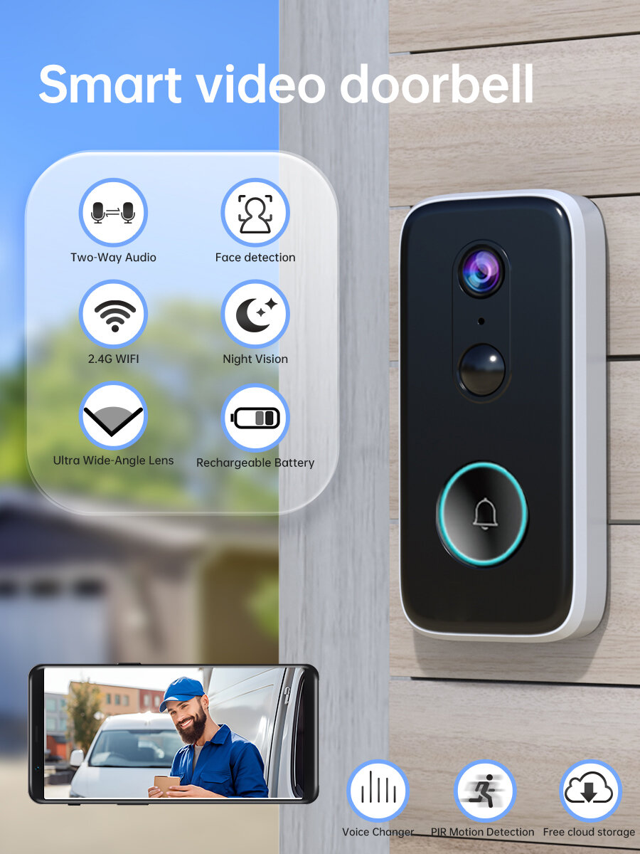 Комплект видеодомофона 2K, с батареей 5200mAh, беспроводное соединение