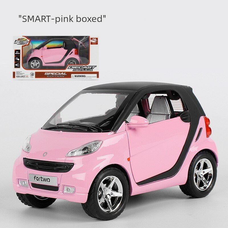 Классическая модель автомобиля Smart для детей, розовый цвет, алюминиевая конструкция, свет и звук, масштаб 1/36