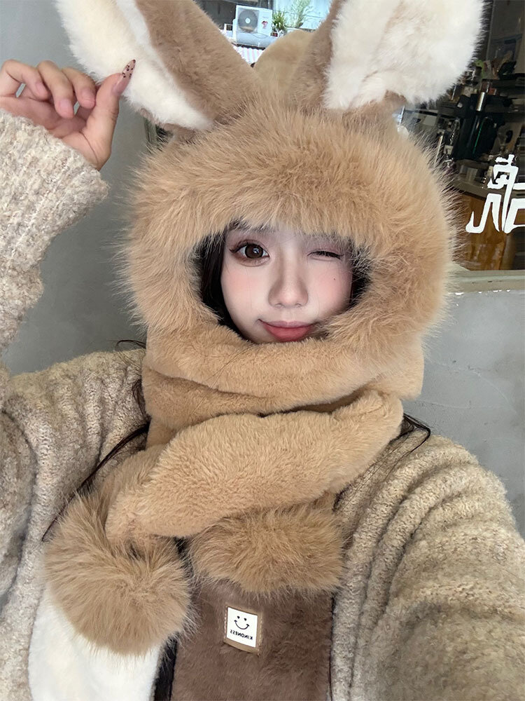 Шапка с кроличьими ушками, осенне-зимний женский шарф, перчатки, цельный шарф с капюшоном, милый утолщенный теплый плюшевый комплект из трех предметов