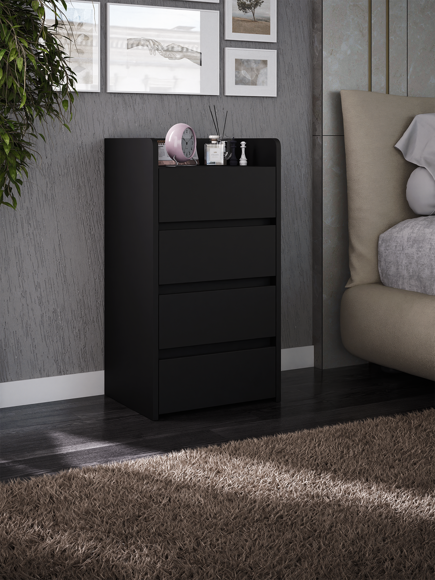 Тумба Vitto-155 черный с ящиками, с полкой, прикроватная, для прихожей, под стол, в коридор, в спальню, офисная