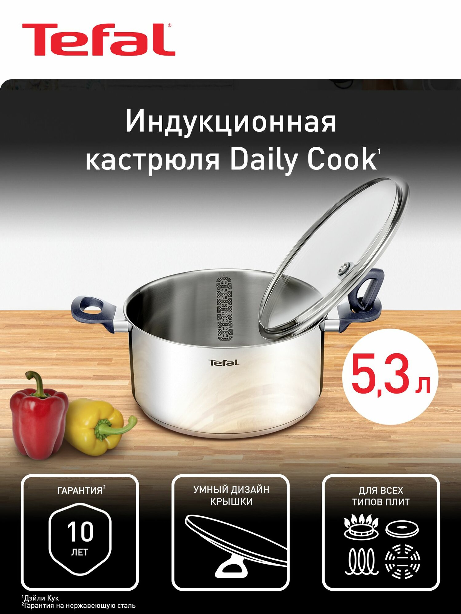 Кастрюля 5.3 л 24 см Tefal Daily Cook G7124645 с крышкой, из нержавеющей стали, с мерной шкалой, для всех типов плит, включая индукционные, гарантия на нержавеющую сталь 10 лет
