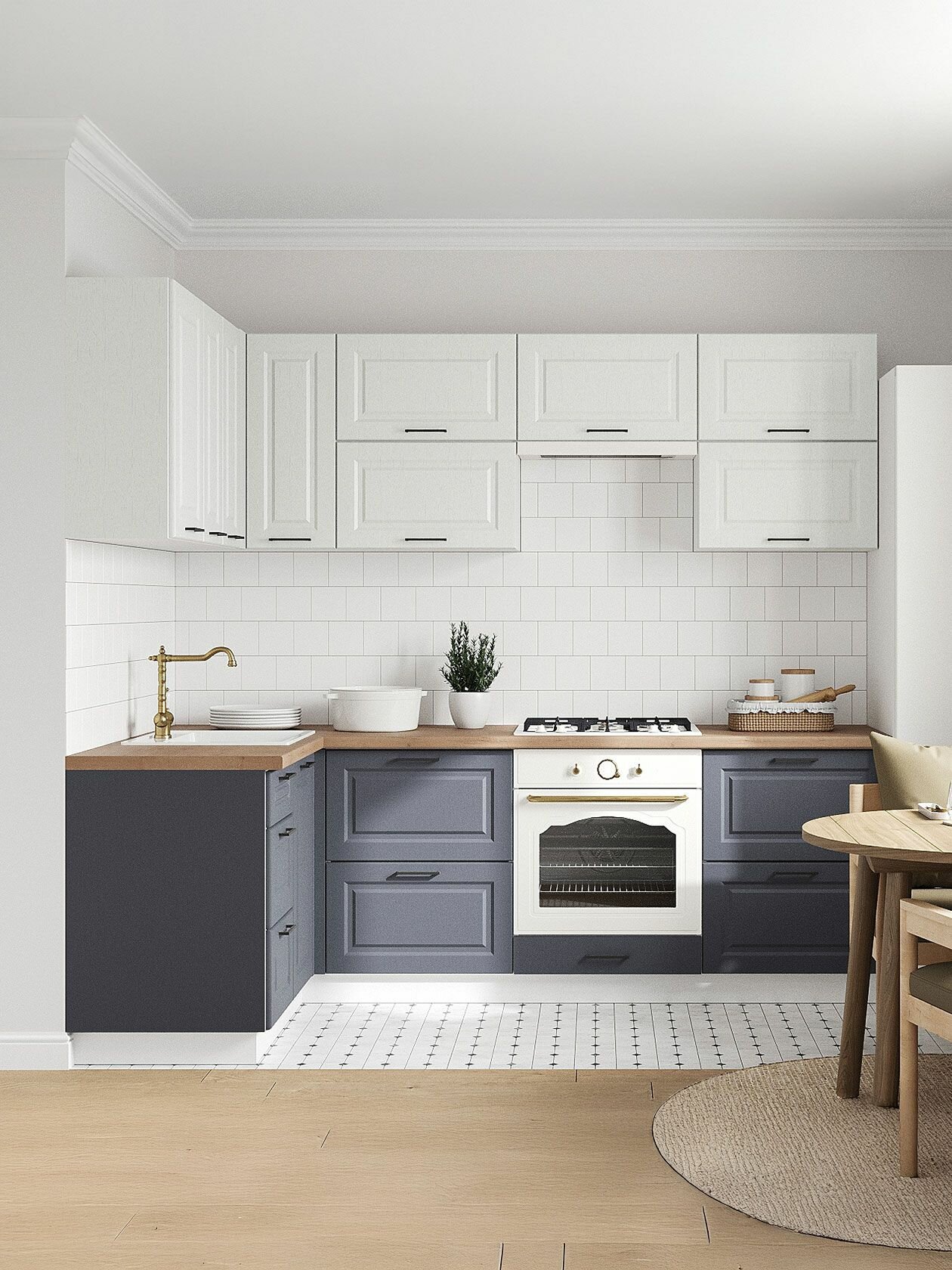 Кухонный гарнитур угловой Шервуд 2.4х1.4 м, мебель для дома и кухни, Белый / Арктик / Шато индиго