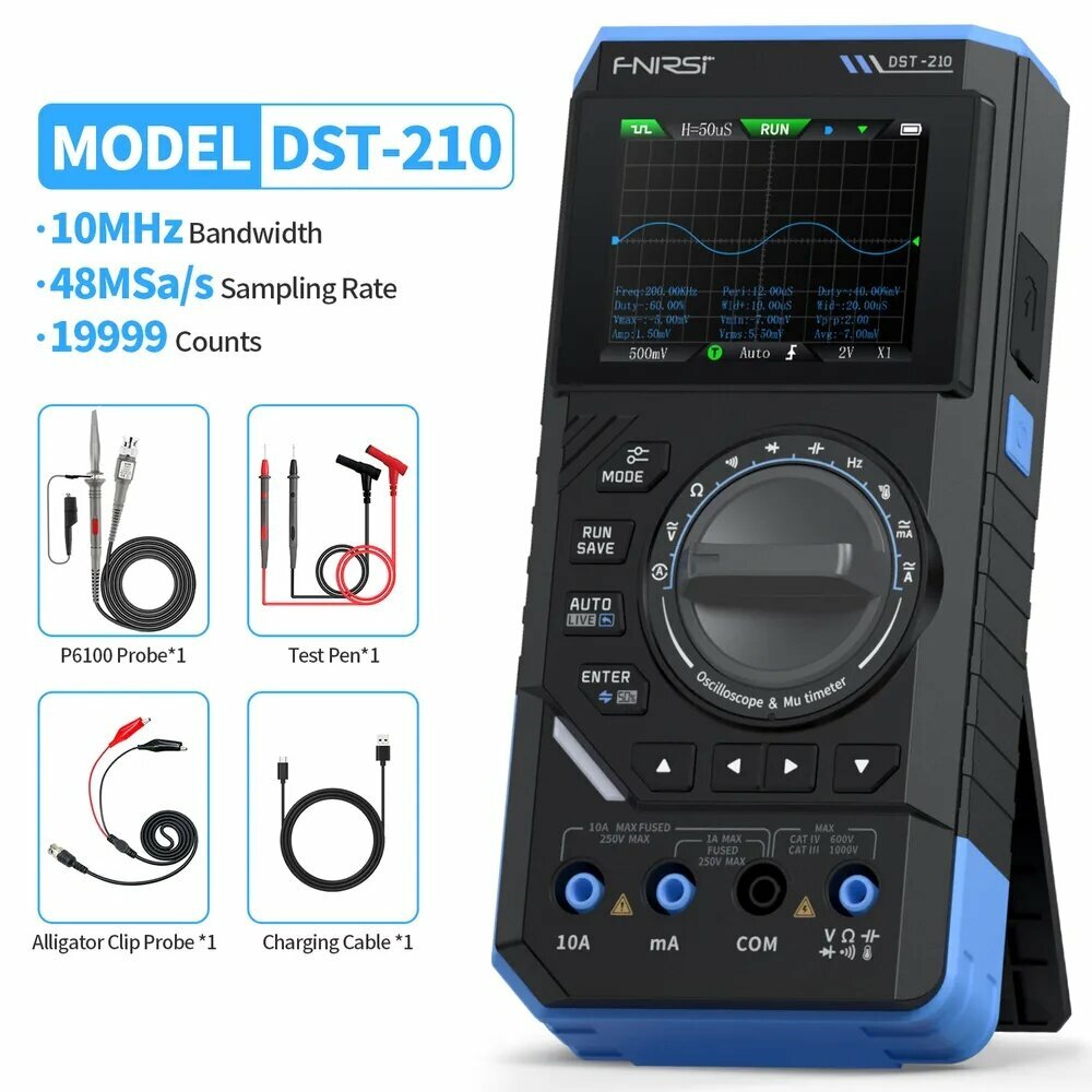 FNIRSI DST210 Трехфункциональный цифровой осциллограф/мультиметр/генератор сигналов, 19 999 отсчетов, полоса пропускания 10 МГц, 48 МГц/с, портативный автомобильный осциллограф
