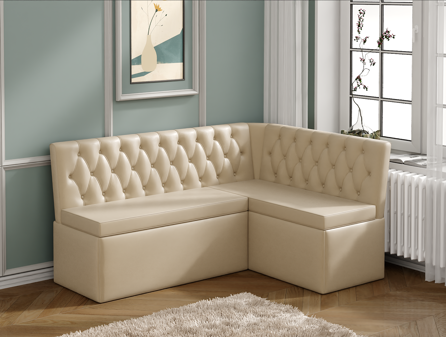 Кухонный уголок Венеция, BUDUNOV GROUP, КЗ бежевый, скамья угловая с ящиками для хранения, 159х118х80 см