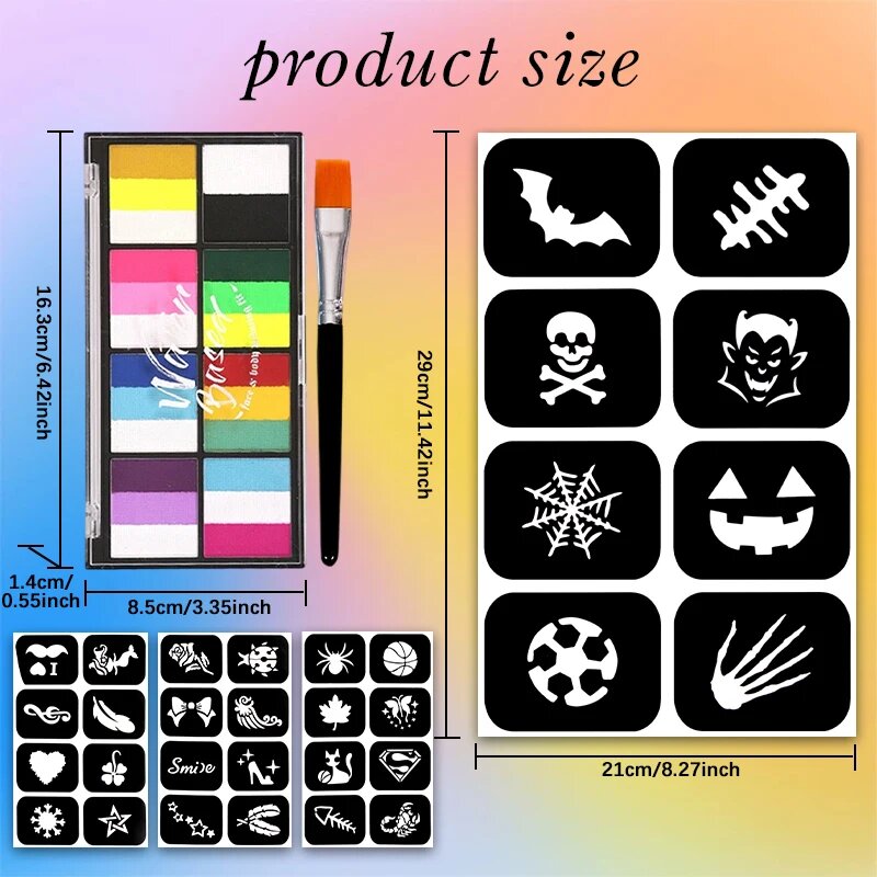 Двухцветная Палитра Водных Красок Для Тела С Набором Трафаретов, Нетоксичный Макияж Для Лица И Тела На Хэллоуин И Рождество
