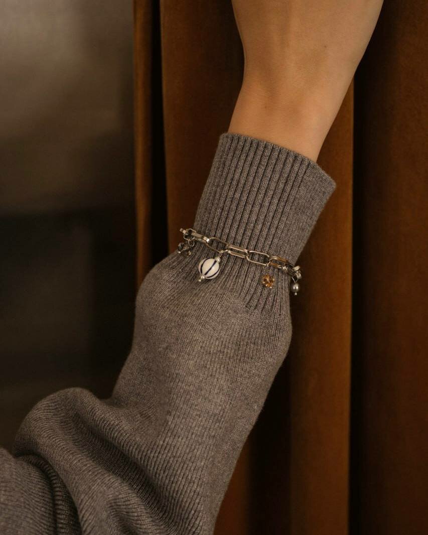 Браслет-цепочка, жемчуг Swarovski синтетический, керамика, кристаллы Swarovski