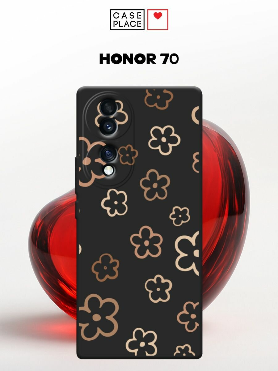 Черный матовый чехол на Honor 70 / Хонор 70 с принтом Цветы контур