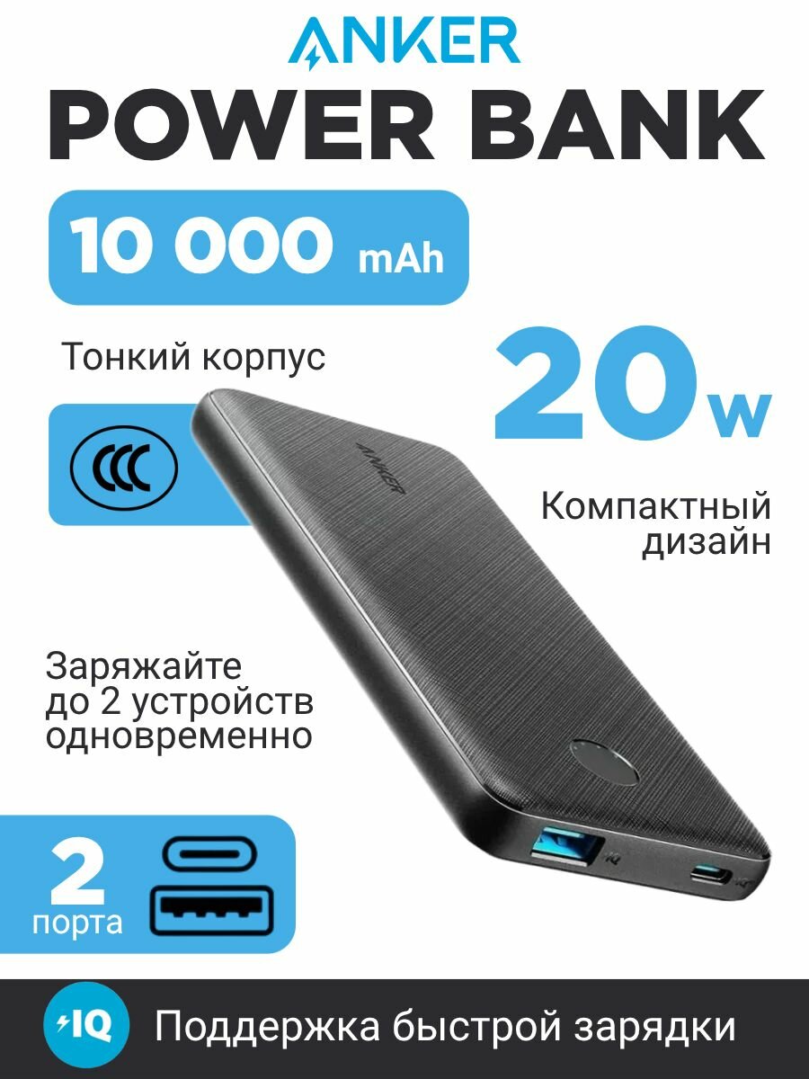 Повербанк Anker 523 на 10000 mAh (A1245), 30W, черный (повербанк) для iPhone