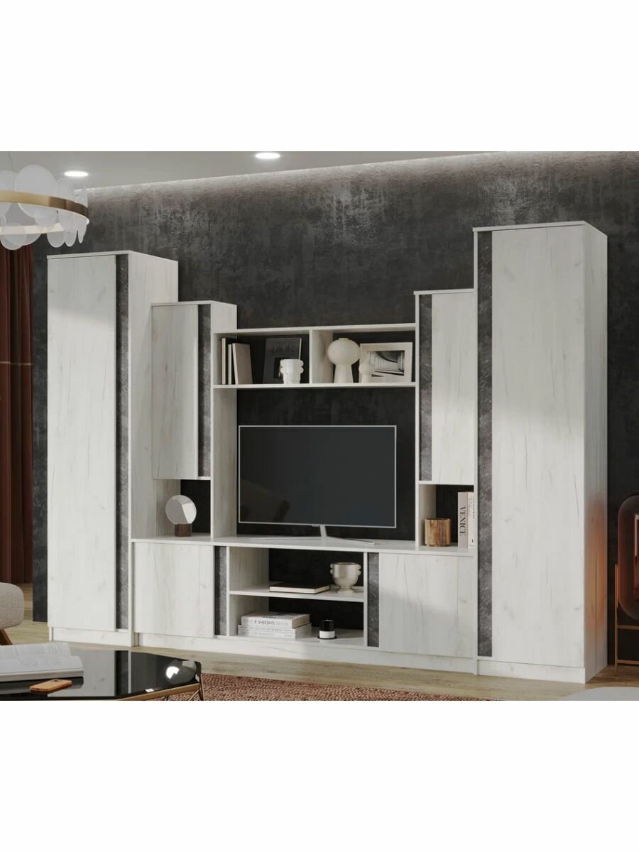 Гостиная Атлантида 5 ЛДСП 2800х2016х510, Дуб крафт белый/Бетон темный, МИФ