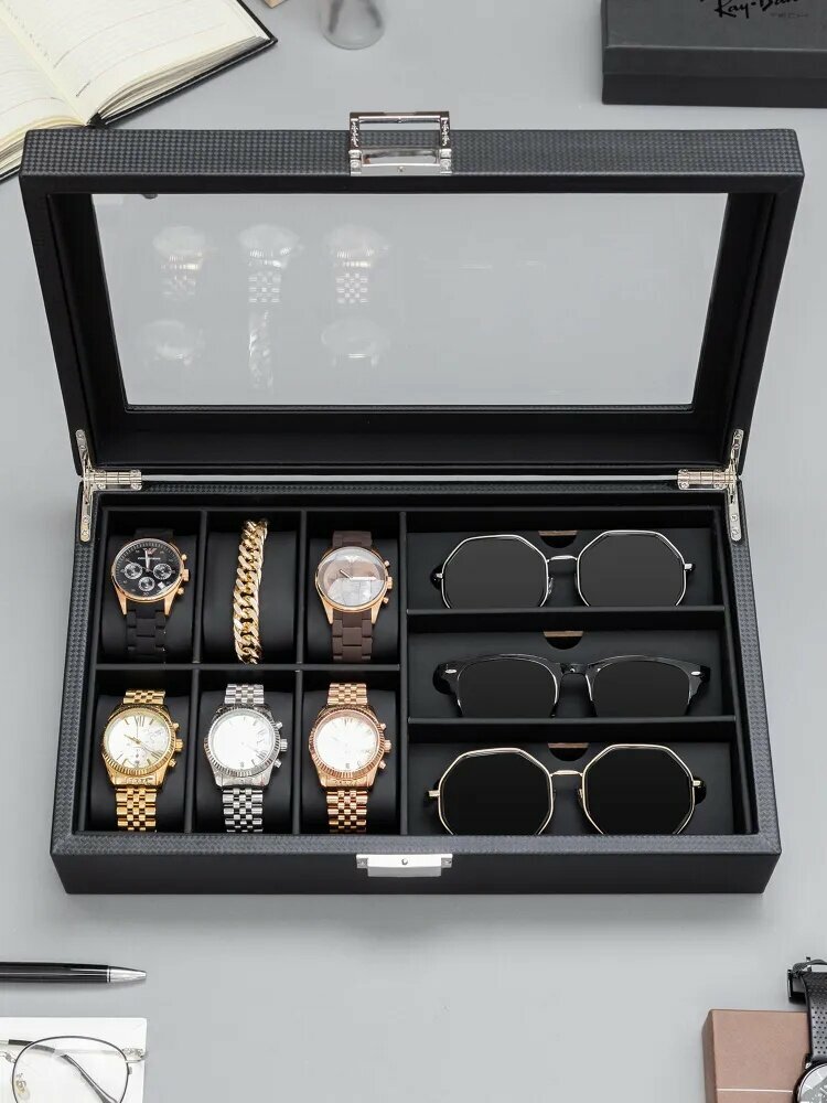 CLOX box / Шкатулка для часов и украшений, бокс для хранения наручных часов на 9 секций, черная экокожа, жесткий корпус