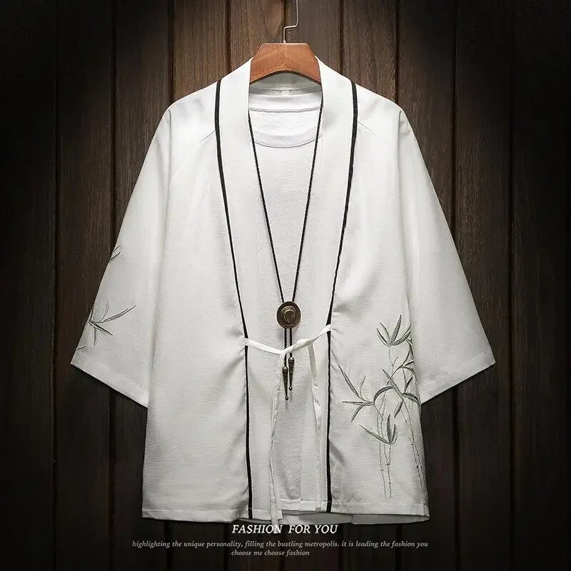 Мужское кимоно с китайским драконом из хлопка и льна Белый, L, Style C