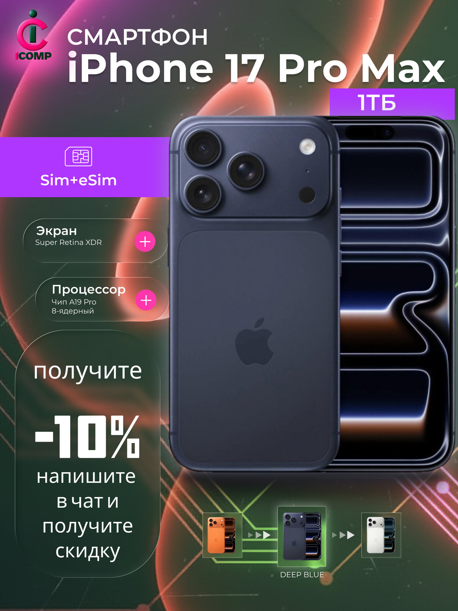 Смартфон Apple iPhone 17 Pro Max 1TB, Dual: nano SIM + eSim, Темно-синий/Deep Blue, без rustore