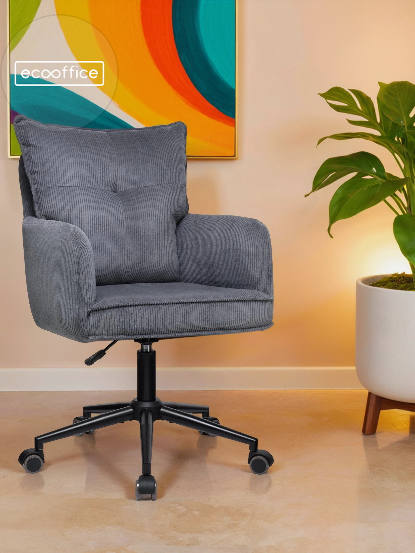 Кресло компьютерное офисное Eco-Office ALEN ECH-4110 L, стул крутящийся на колесиках, Темно-серый велюр