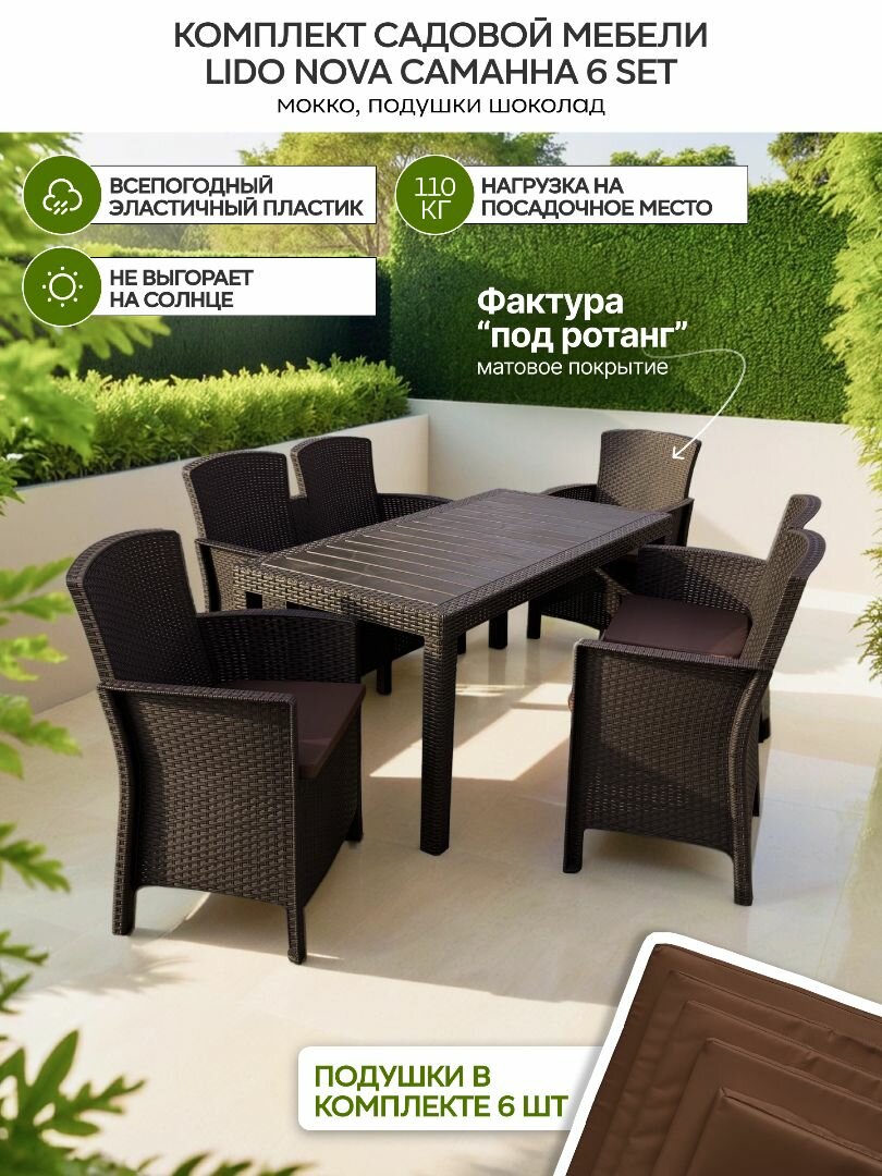 Комплект садовой мебели Кампана на 6 персон, 2 дивана, 2 кресла, мокко, подушки шоколад