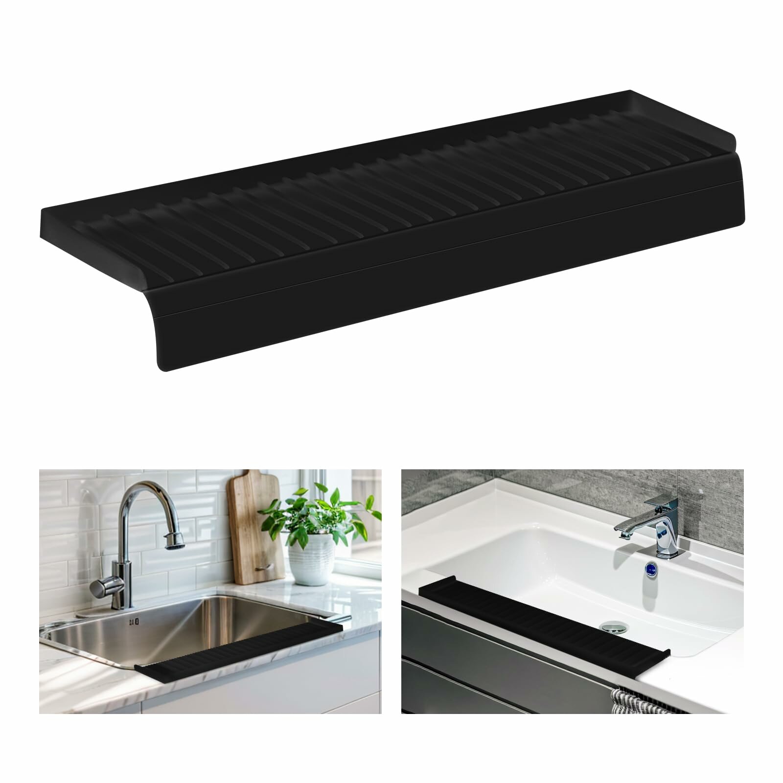 Кремнеземная водонепроницаемая доска для обрезки, водонепроницаемая доска, бордюр для защиты края раковины кухни ванны раковины от брызг, аксессуары для раковины, защитное покрытие черный, размер для сложенного использования около 355 x 105 x 5 мм, вес