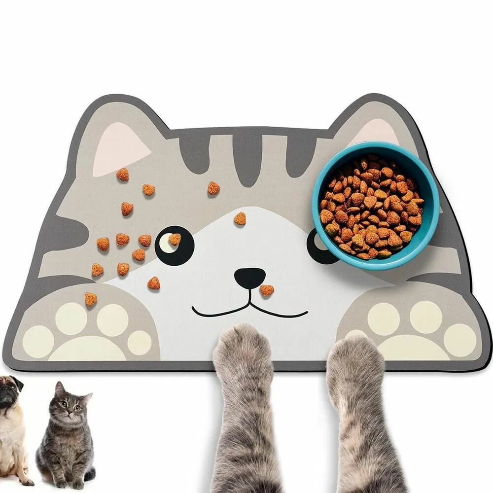 Серый коврик для животных из диатомита в форме головы кошки, 3 размера: 30x50 см, 40x60 см, 50x80 см. Нескользящий и впитывающий воду, подходит для мелких животных, таких как кошки и собаки.