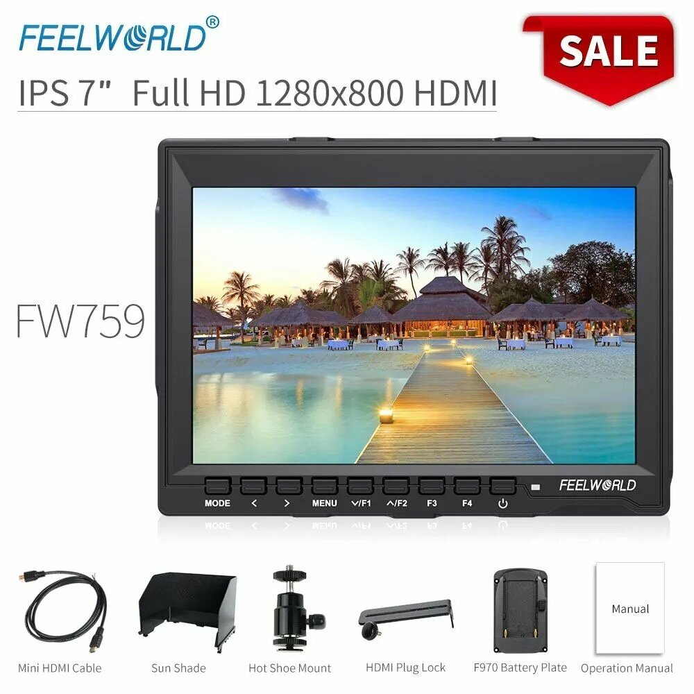 Feelworld FW759, режиссерский монитор, 7-дюймовая зеркальная камера, внешняя микрокамера с одной камерой, видео HD 4K