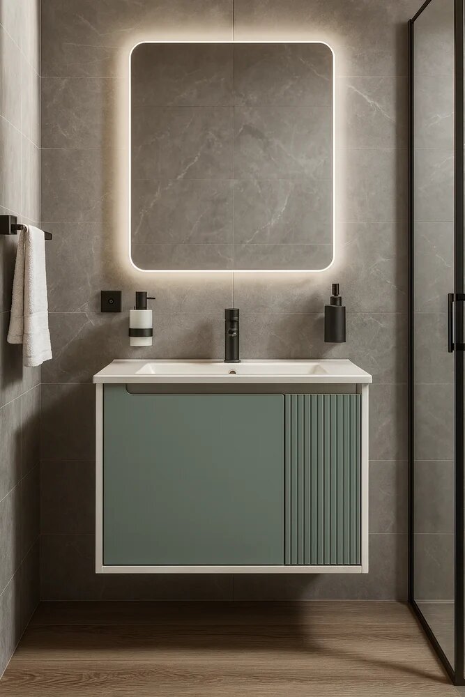 Тумба под раковину без столешницы STWORKI Мурманск 60 подвесная, белая, зеленая, матовая, из МДФ, тумба для ванной, с дверками