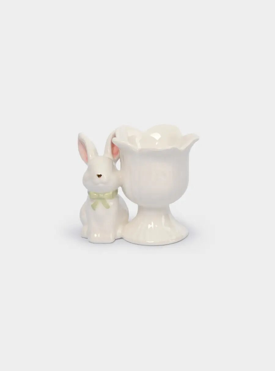 Подставка для яйца, 7 см, керамика, молочно-золотистая, Кролик с цветком, White Rabbit