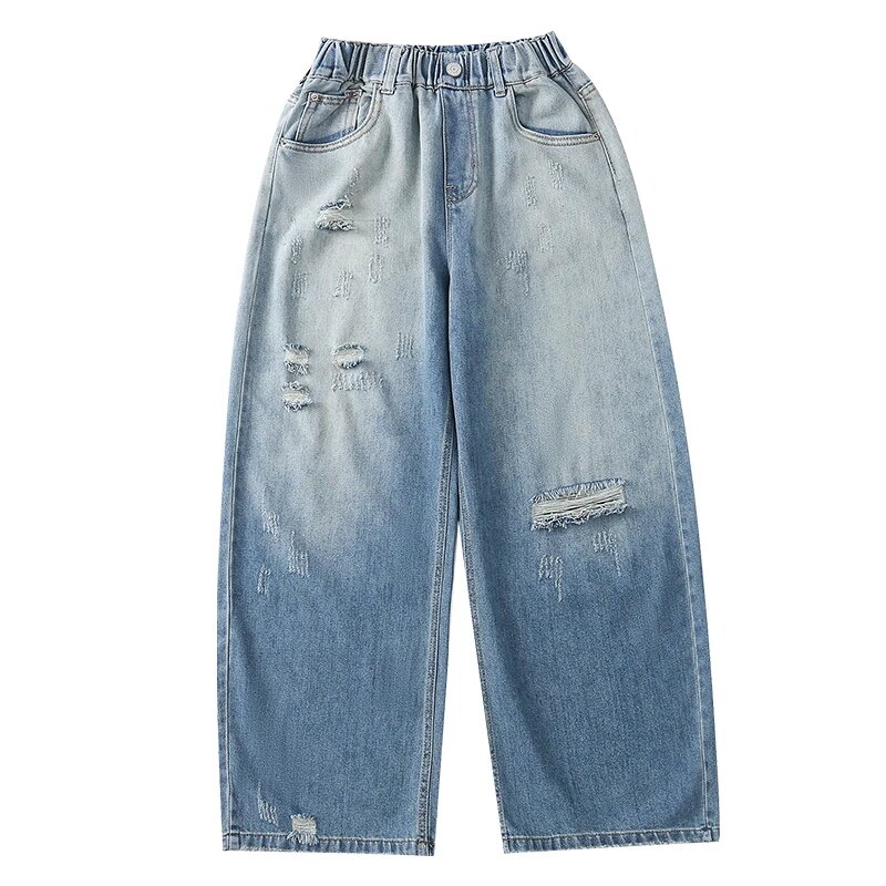 LI Mall Топовые изношенные бэгги для девочек широкие эластичные градиентные джинсы 5-14 лет