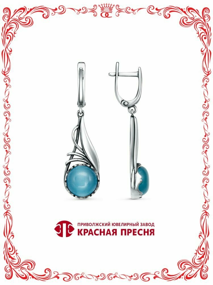 Серьги, серебро, 925 проба, оксидирование, кошачий глаз синтетический