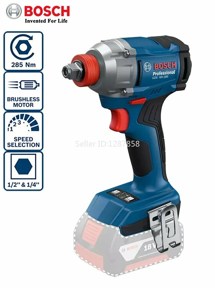 Bosch GDX 18V-285 Professional Аккумуляторный ударный гайковерт/винтоверт, держатель бит 2 в 1, 1/2' и 1/4', 285 Нм, бесщеточный двигатель, 0 аккумуляторов