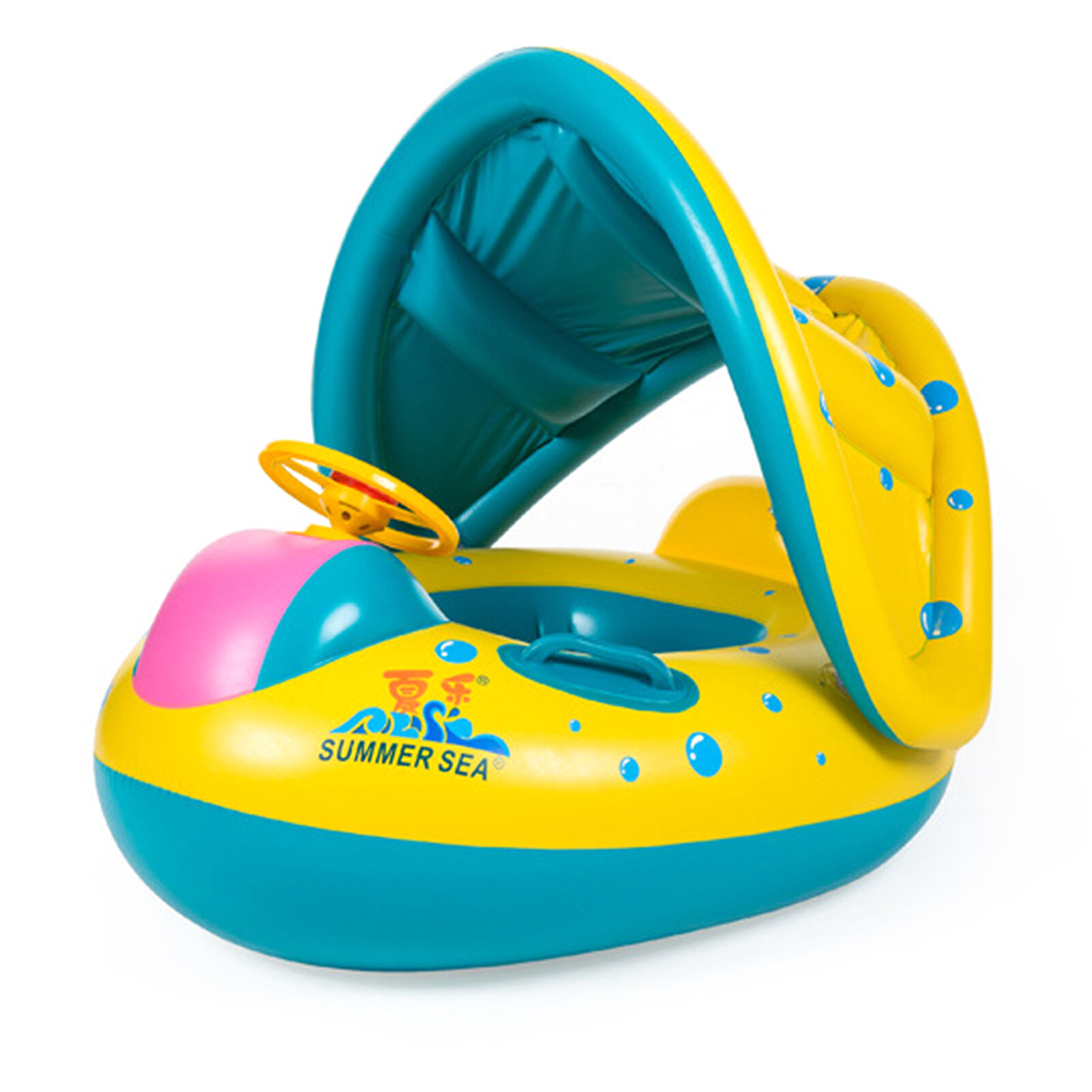 Портативный подводный поплавок для детей с козырьком от солнца, надувной бассейн, круг для плавания, летний круг для детей, надувной купальный круг, материал ПВХ, цвет Желтый-Голубой, для детей 6-18 месяцев, размер сжатый 20*18 см, размер надувной 72*58