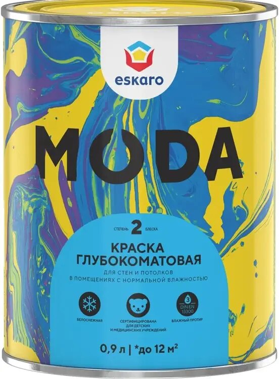 Краска ESKARO Moda 2 для стен и потолков глубокоматовая белоснежная 0,9л