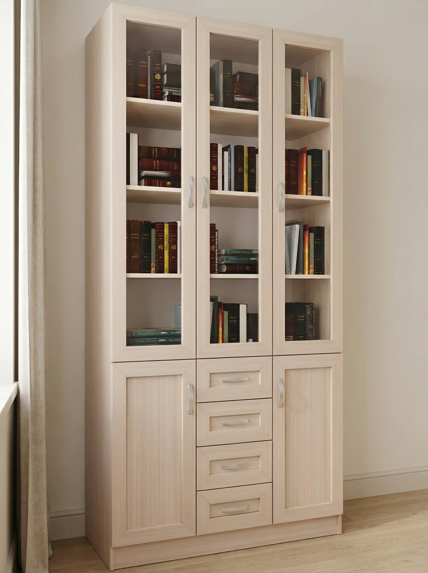 Шкаф книжный трехстворчатый Вита 3-8 с 4 ящиками, ШхГхВ: 102х38х210 см, дуб молочный