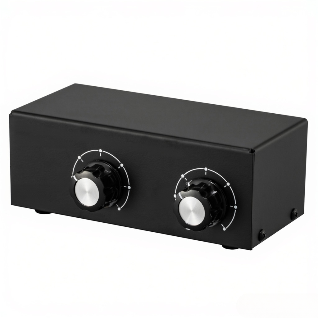 Контроллер громкости для пассивных колонок настольный 150W 14AWG с отдельным управлением левым/правым каналами, металл, черный, 10Hz~50Hz, 4~16 омах, размер 15*6.8*5.5cm, вес 700g