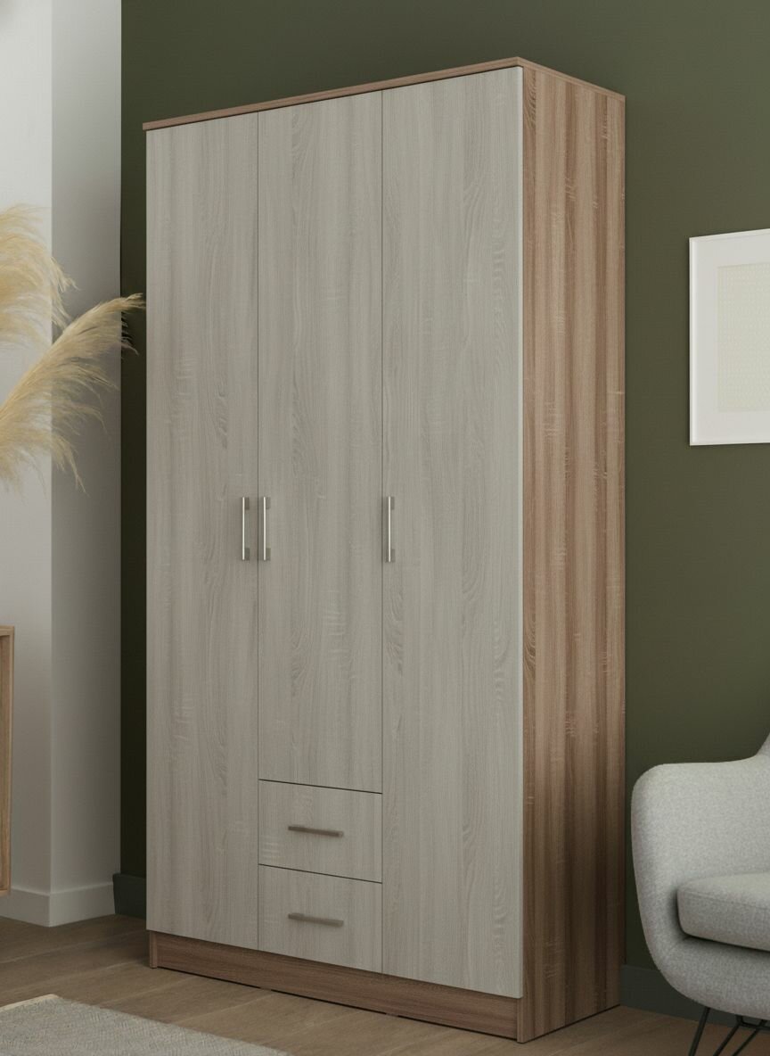 Шкаф Трио Ясень шимо темный/ Ясень шимо светлый, ЛДСП, с полками, ящиками, штангами, для спальни, гостиной, прихожей 1200х2200х487 мебельный РАЙ