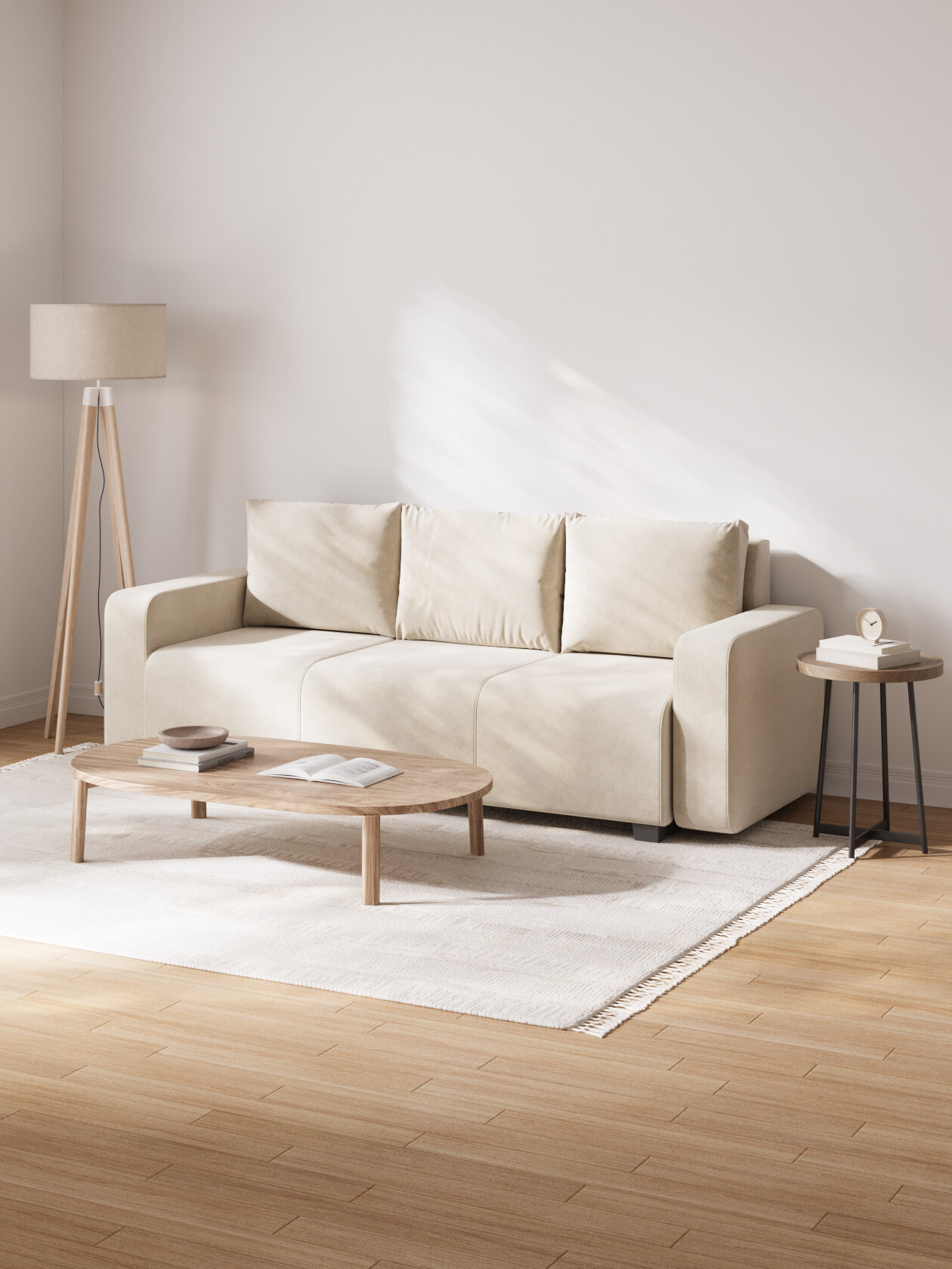 Диван кровать прямой Сали раскладной, плоские пружины змейка, еврокнижка, со съемными подушками, 140х198 см спальное место, Кремовый, велюр