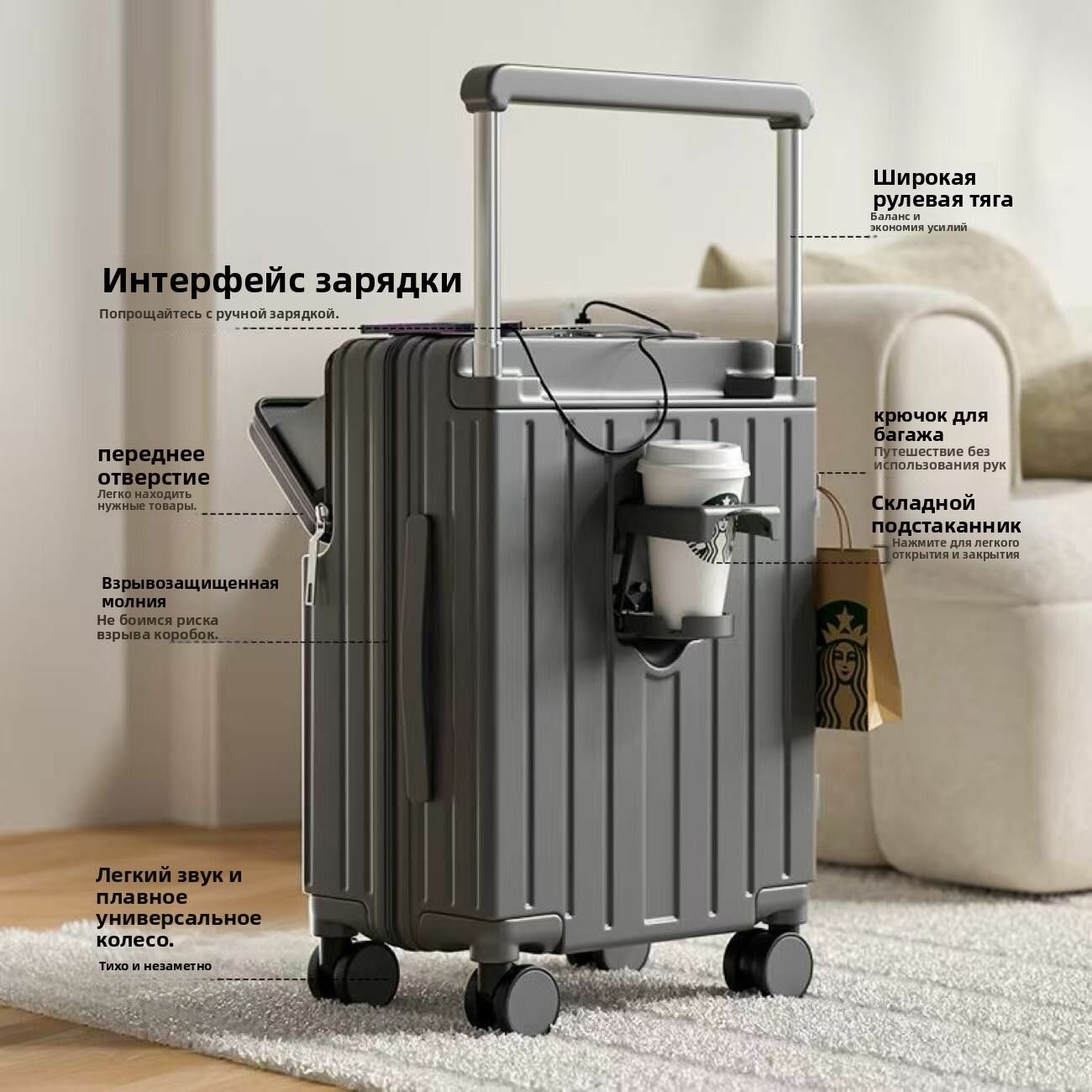 Широкая передняя часть кабины чемодана на тележке