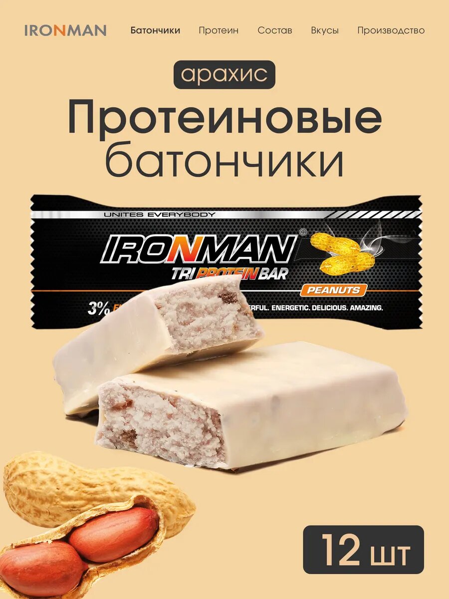 Изделие кондитерское: Батончик глазированный "Протеин" (PROTEIN) cо вкусом: Арахис, IRONMAN, 50г, в боксе 12шт